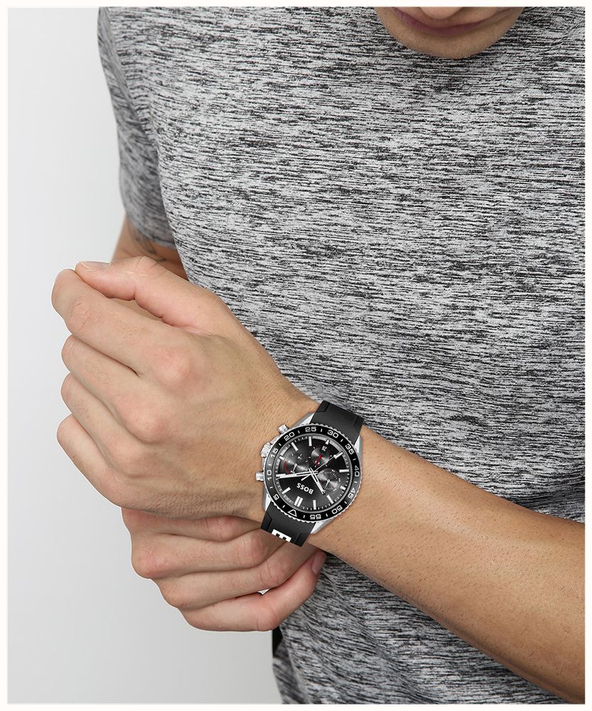 BOSS Men's Runner (43mm) Black Chronograph Dial / Black Silicone Strap ...