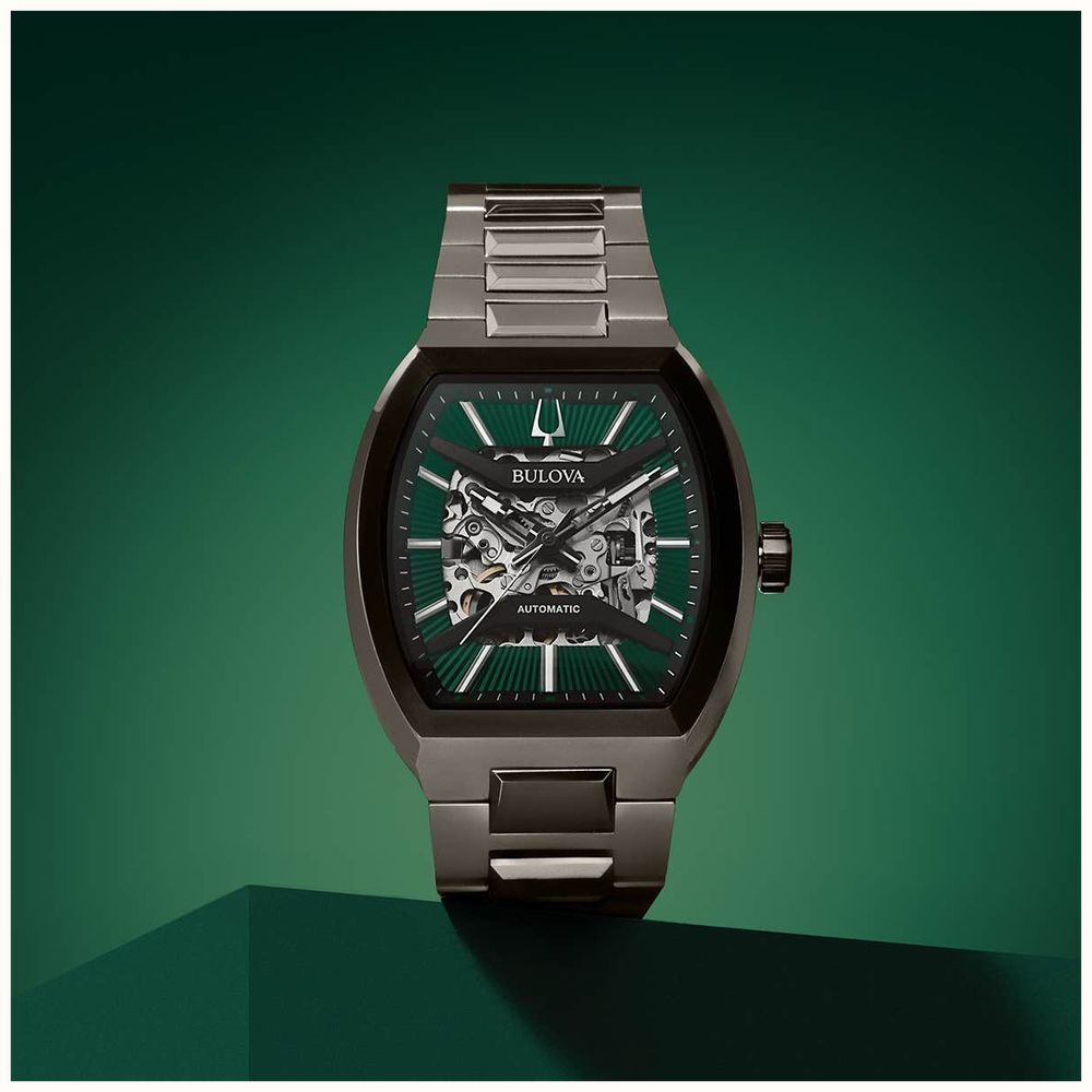 Bulova Maquina Automatic (40mm) Green Skeleton Dial / Gun-Metal PVD ...
