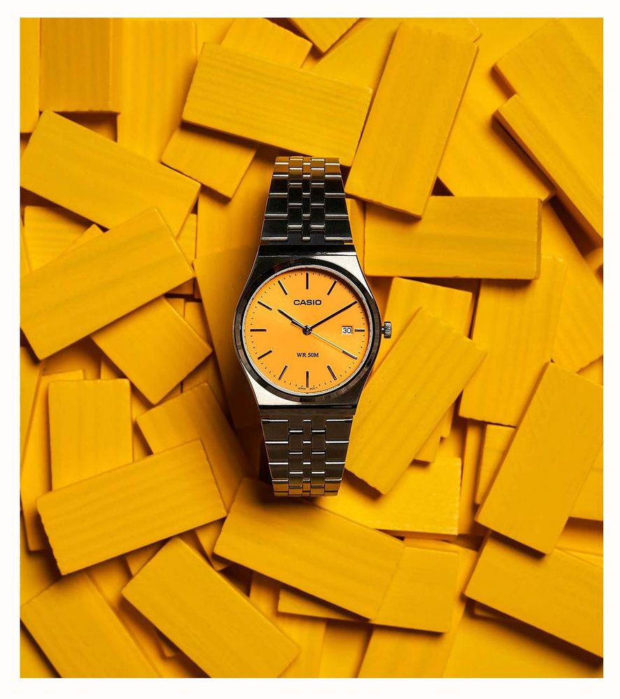Casio MTP Series Analogue Quartz (35mm) Saffron Yellow Sunray Dial ...