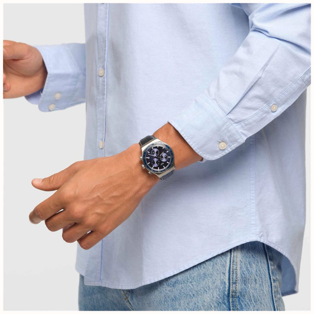 Swatch COBALT LAGOON (43mm) Blue Chronograph Dial / Black Leather Strap ...