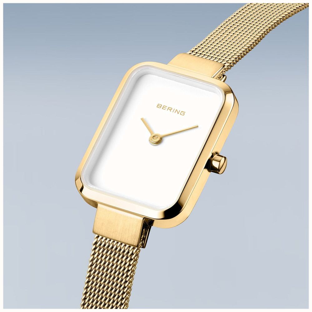 Bering Classic Petite Square | White Dial | Gold PVD Steel Mesh 14520 ...