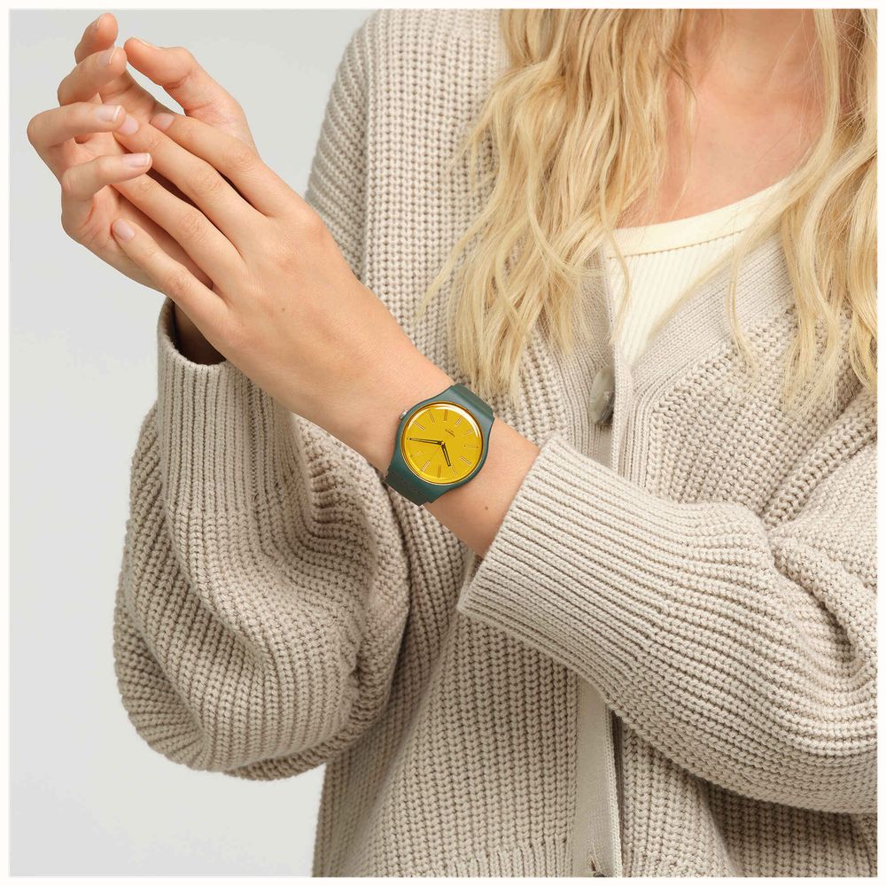 Swatch GOLD IN THE GARDEN (41mm) Yellow Dial / Green Bio-Sourced Strap ...