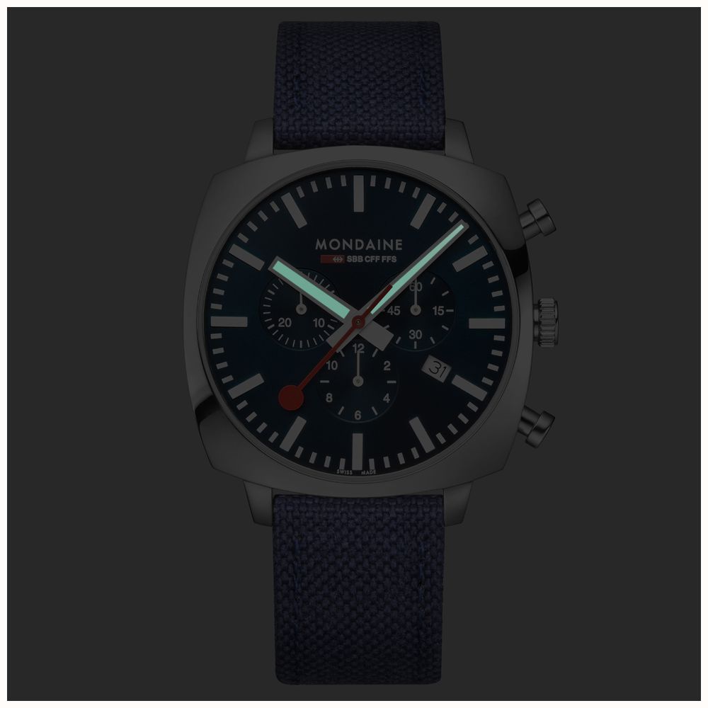 Mondaine SBB Grand Cushion Chronograph (41mm) Blue Dial / Blue Textile ...