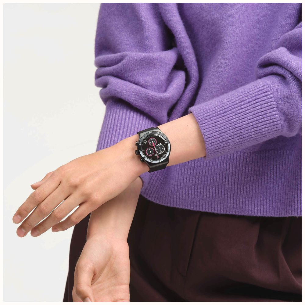 Swatch Magenta At Night Black Chronograph Dial / Black Rubber Strap ...